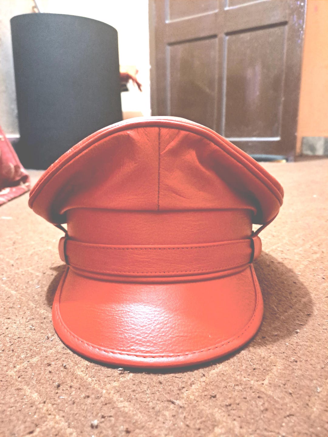Genuine Leather Red Army Cap - Real Leather Muir Biker Hat With Peaked ...