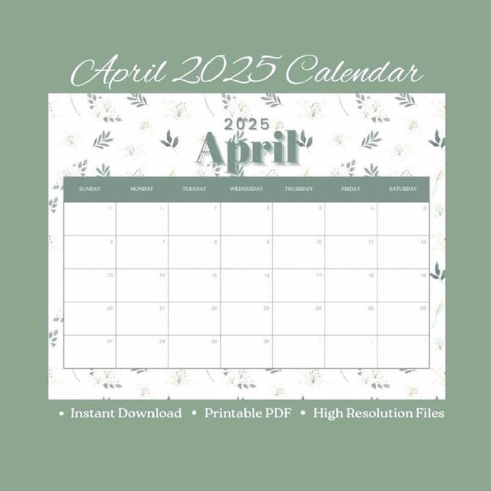 Floral April 2025 Calendar | Sage Green Floral Theme | Printable ...