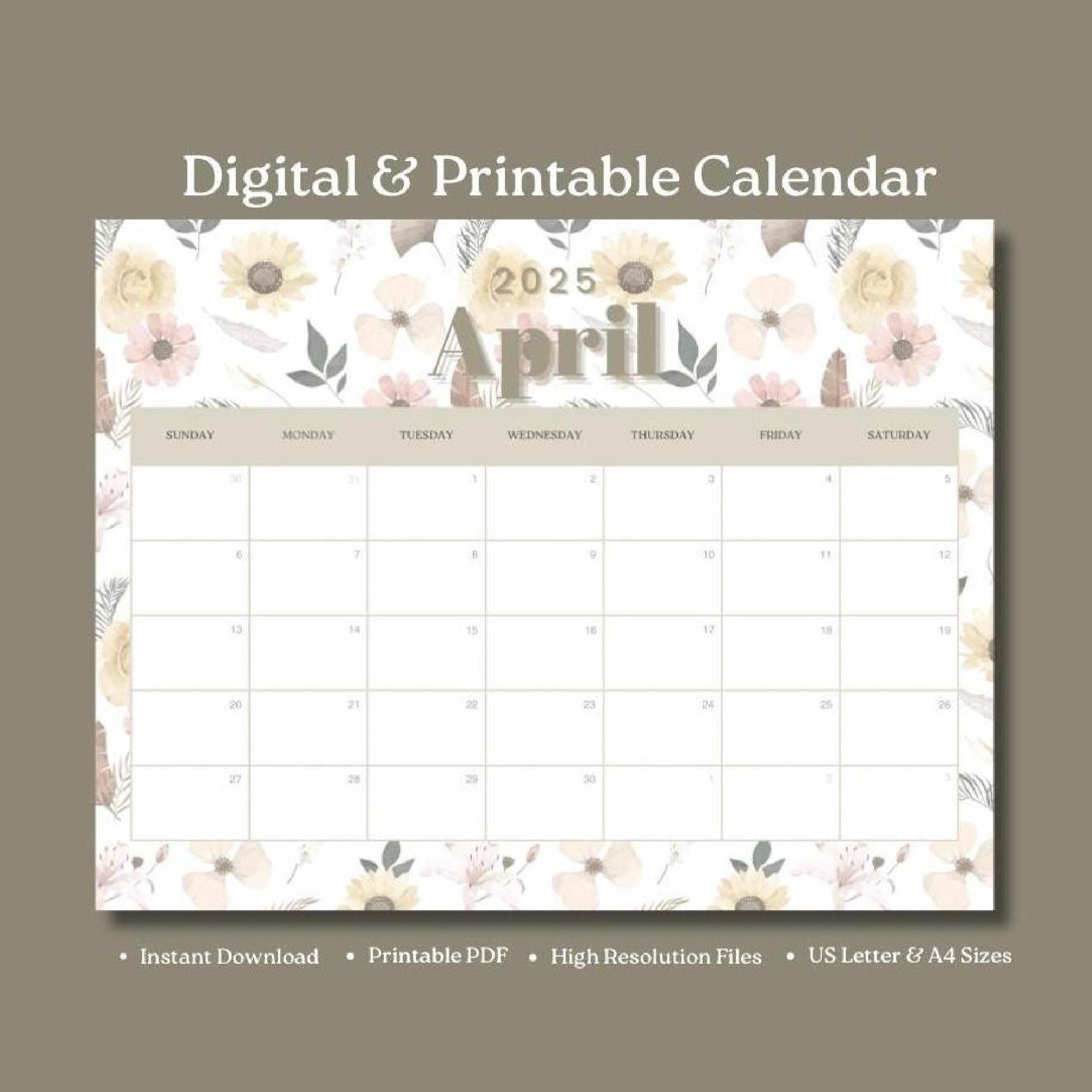 Floral April 2025 Calendar | Printable & Digital Planner for Optimal ...