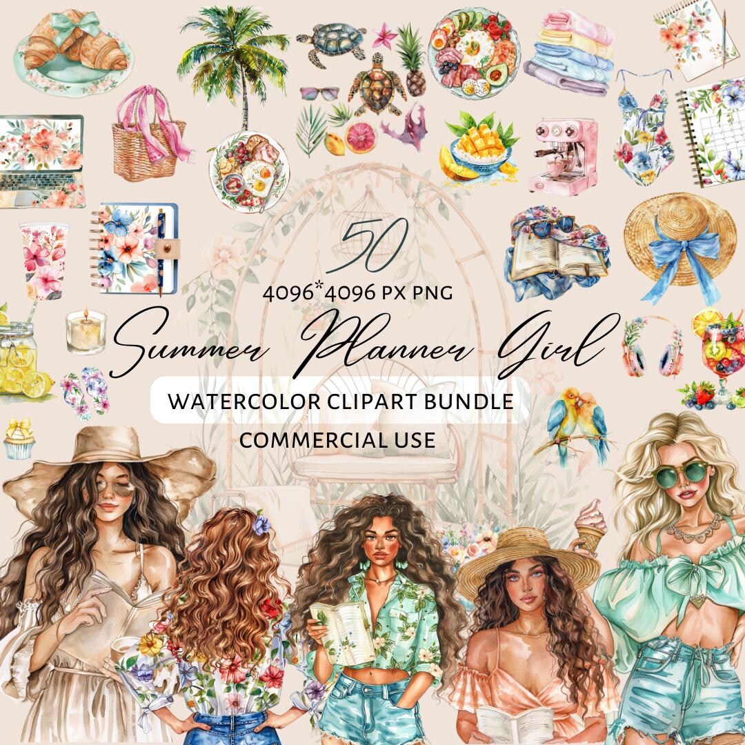 Watercolor Summer Girl Clipart Bundle: Beach Planner Graphics (PNG ...