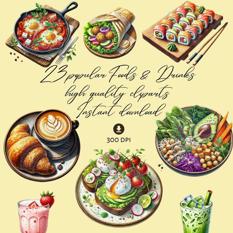 Foods and Drinks Watercolor Clipart: Healthy Cookbook Menu (PNG) - Etsy