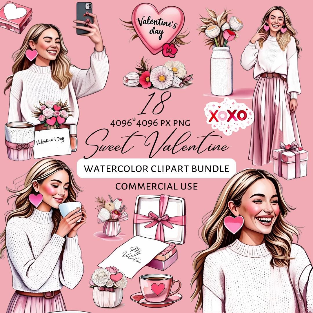 Watercolor Valentine's Day Clipart Bundle: Boho Style PNG (digital ...
