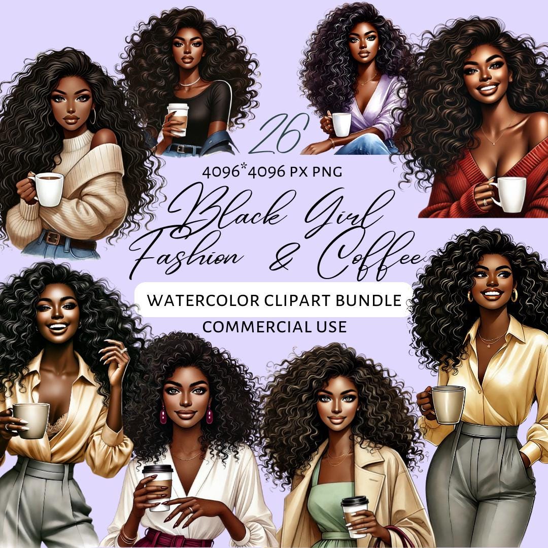 Black Girl Watercolor Clipart: Fashion & Coffee PNG (digital Download ...