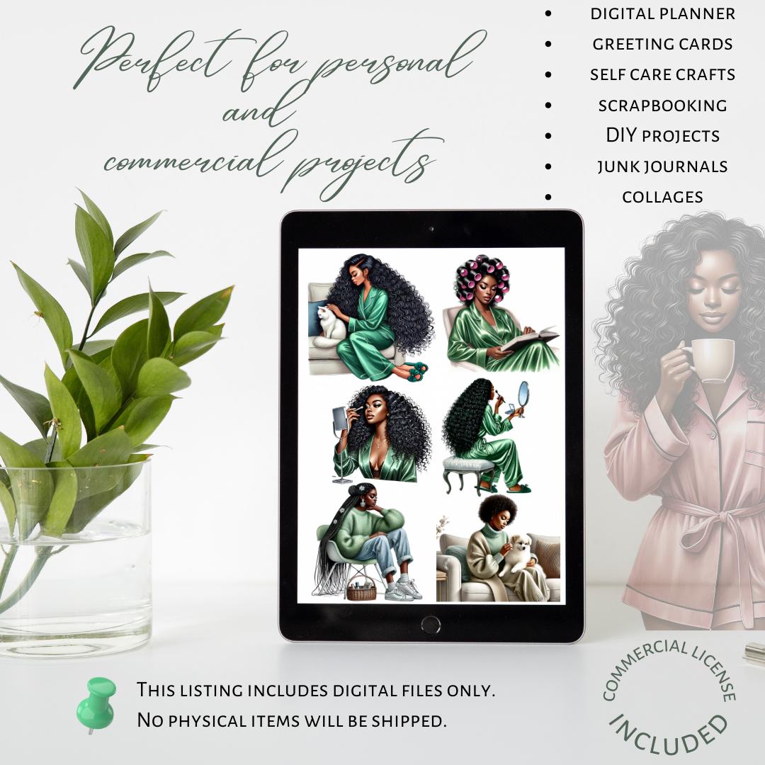 Black Girl Self Care Watercolor Clipart: Relaxing Beauty PNG (digital ...