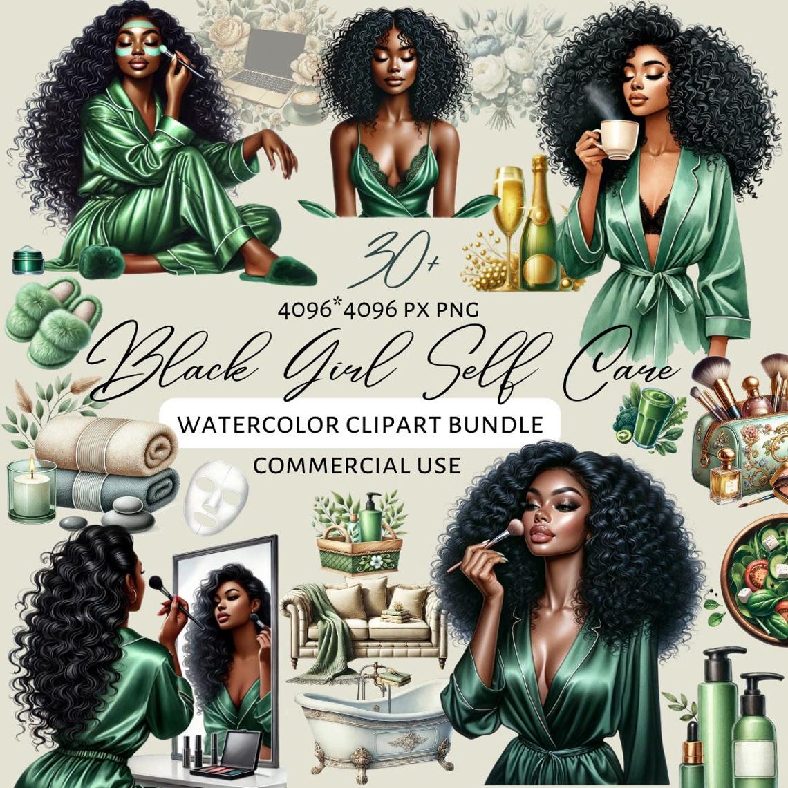 Black Girl Self Care Watercolor Clipart: Relaxing Beauty PNG (digital ...