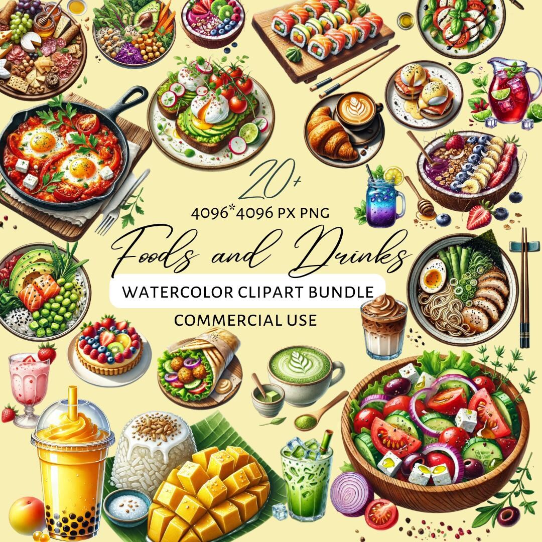 Foods and Drinks Watercolor Clipart: Healthy Cookbook Menu (PNG) - Etsy