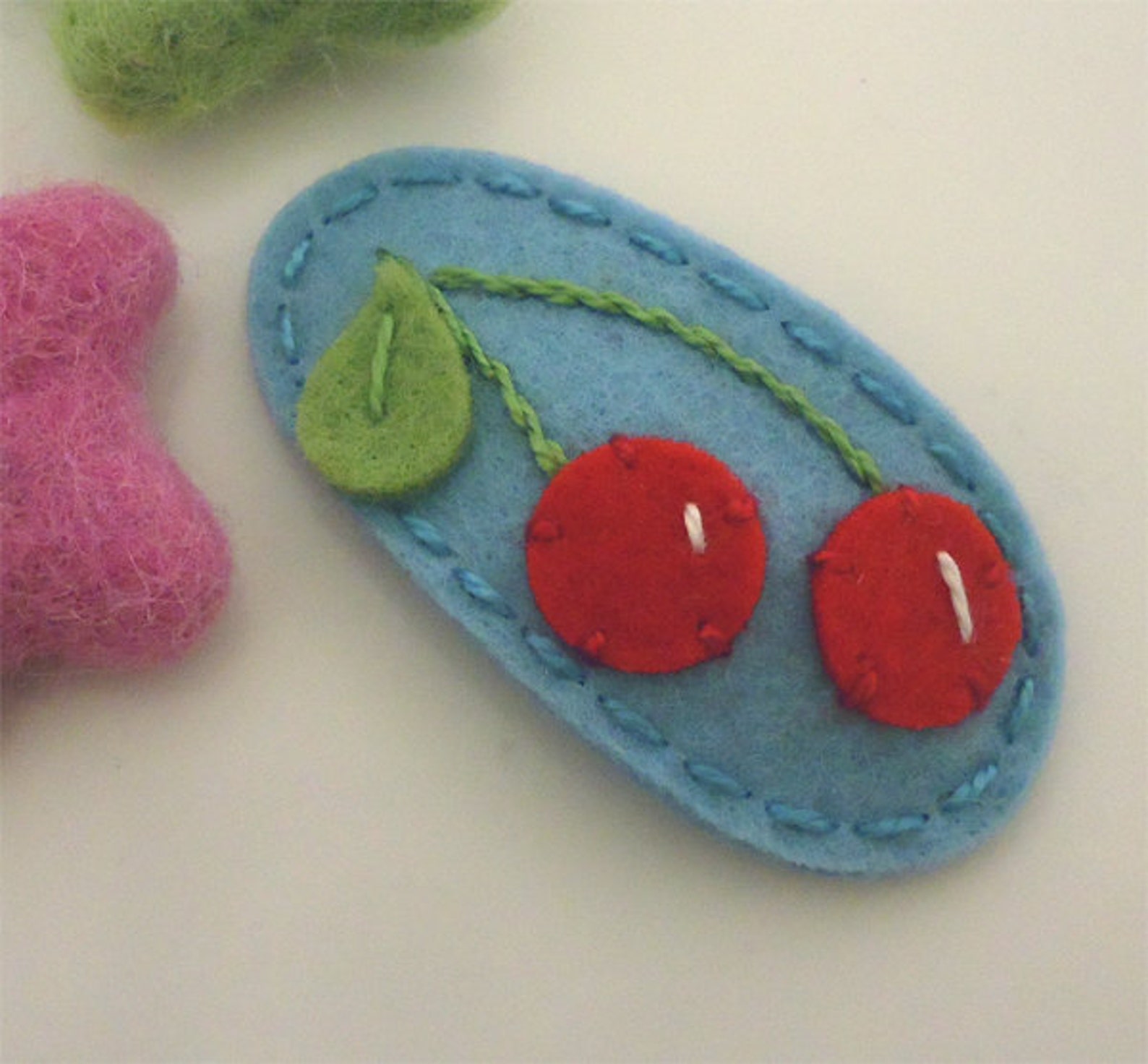 Felt Hair Clip no Slip wool Felt red Cherries aqua - Etsy