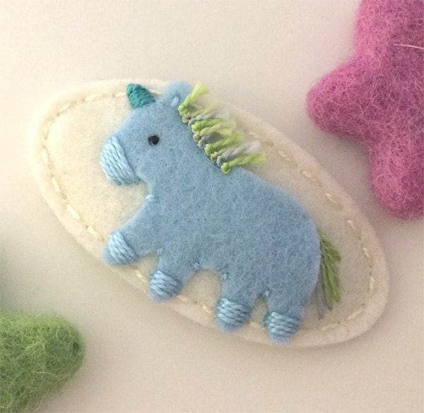 Felt hair clip No slip Wool felt Pale blue unicorn cream | Etsy