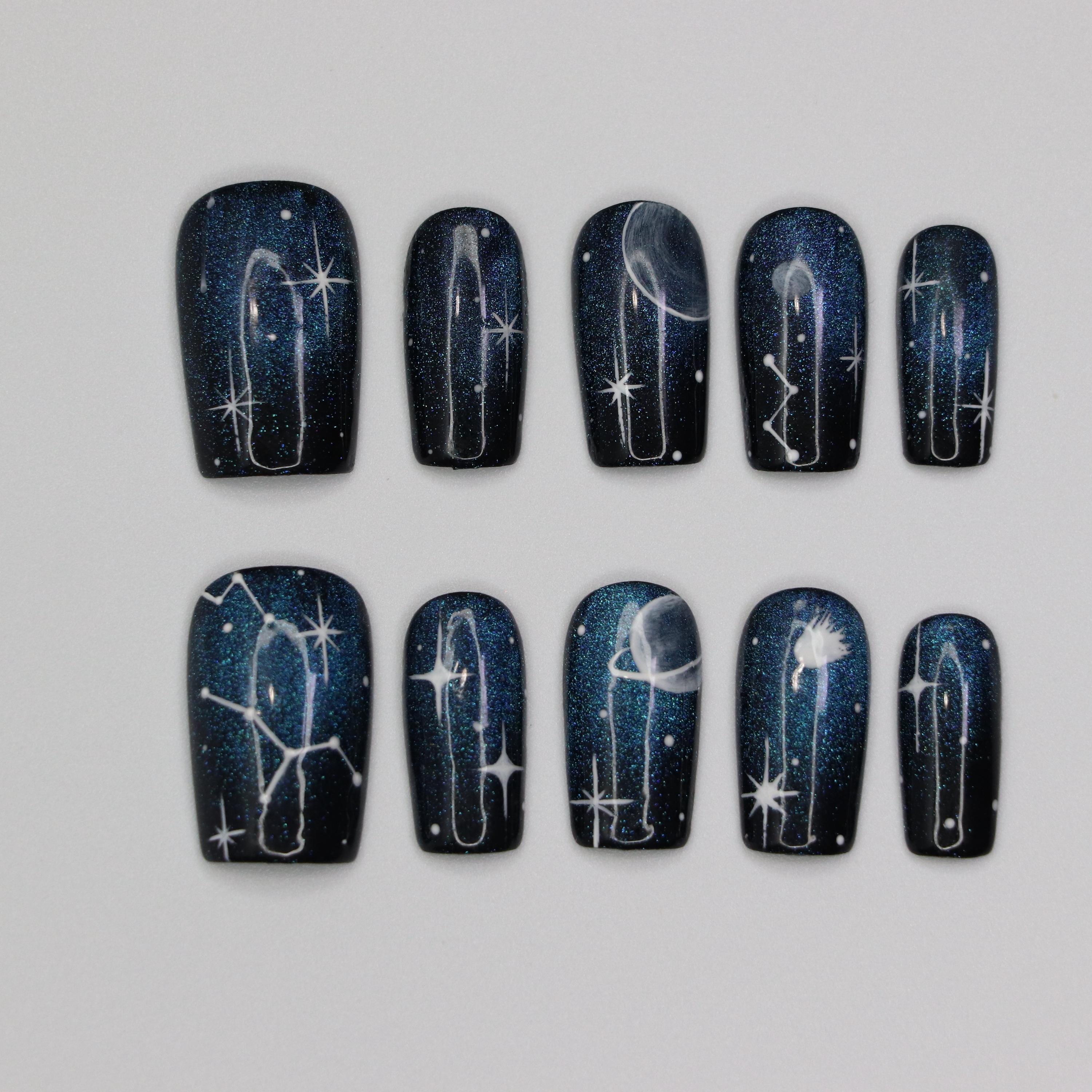 Cosmic Night Sky Nails | Press on Glitter Stars | Starry Blue Art ...
