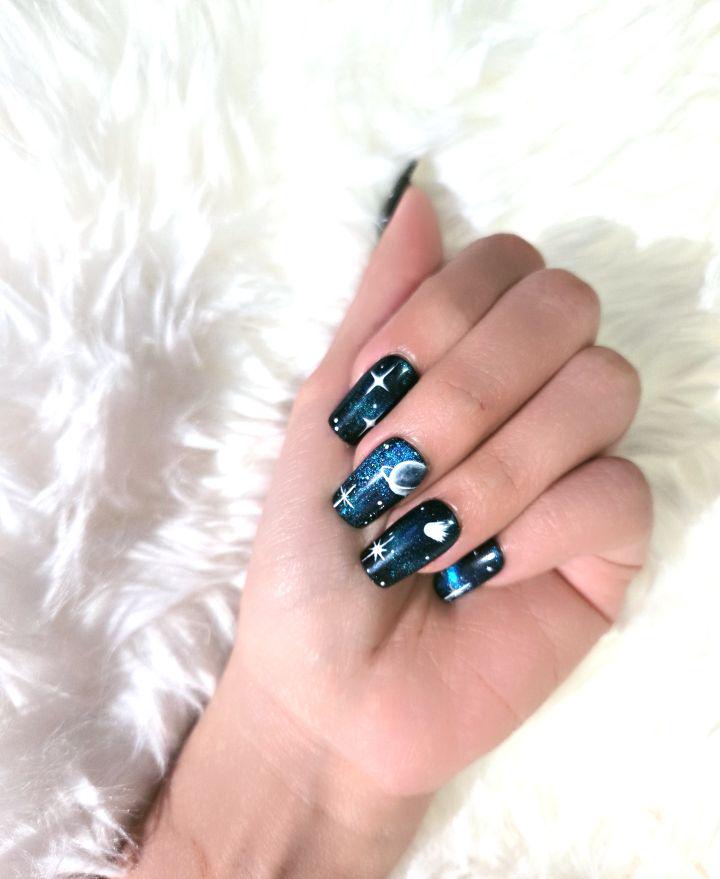 Cosmic Night Sky Nails | Press on Glitter Stars | Starry Blue Art ...