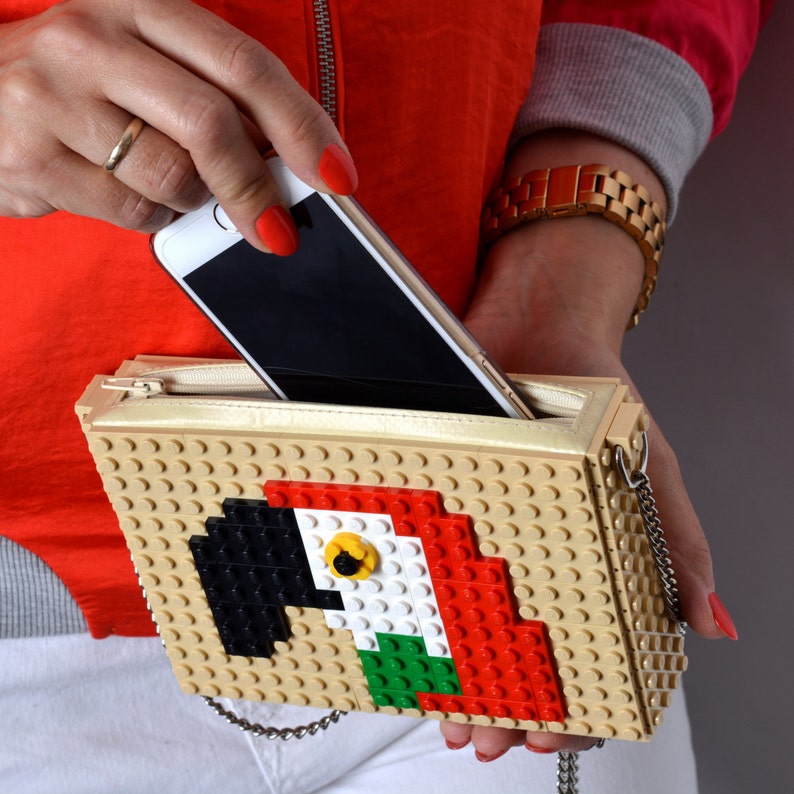 Tan crossbody purse with parrot made with LEGO® bricks FREE | Etsy