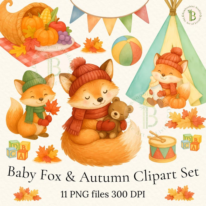 Baby Fox Clipart Set: Watercolor Autumn Thanksgiving Animals (digital ...