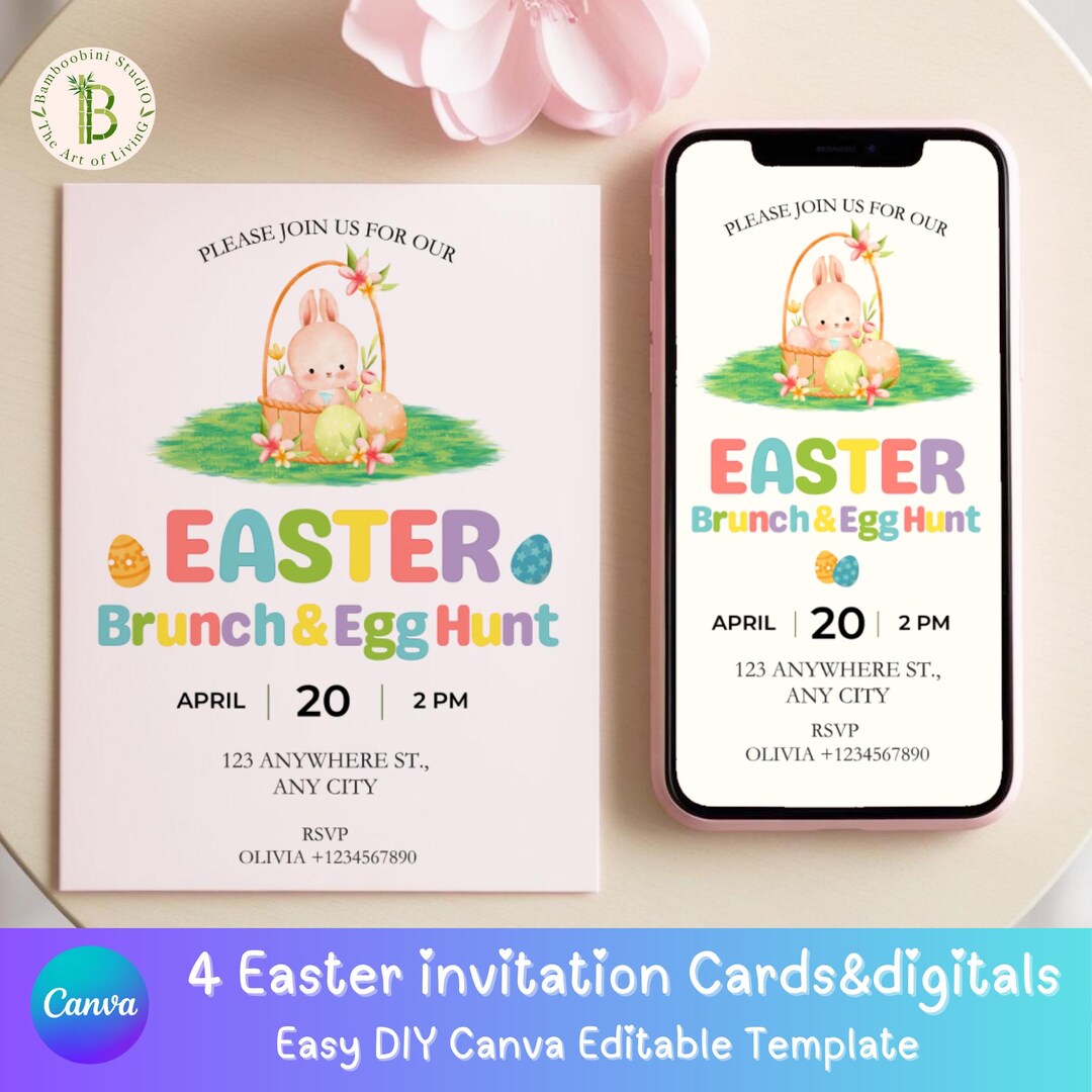 4 Easter Brunch & Egg Hunt Invitation Template Printable Cute Bunny ...