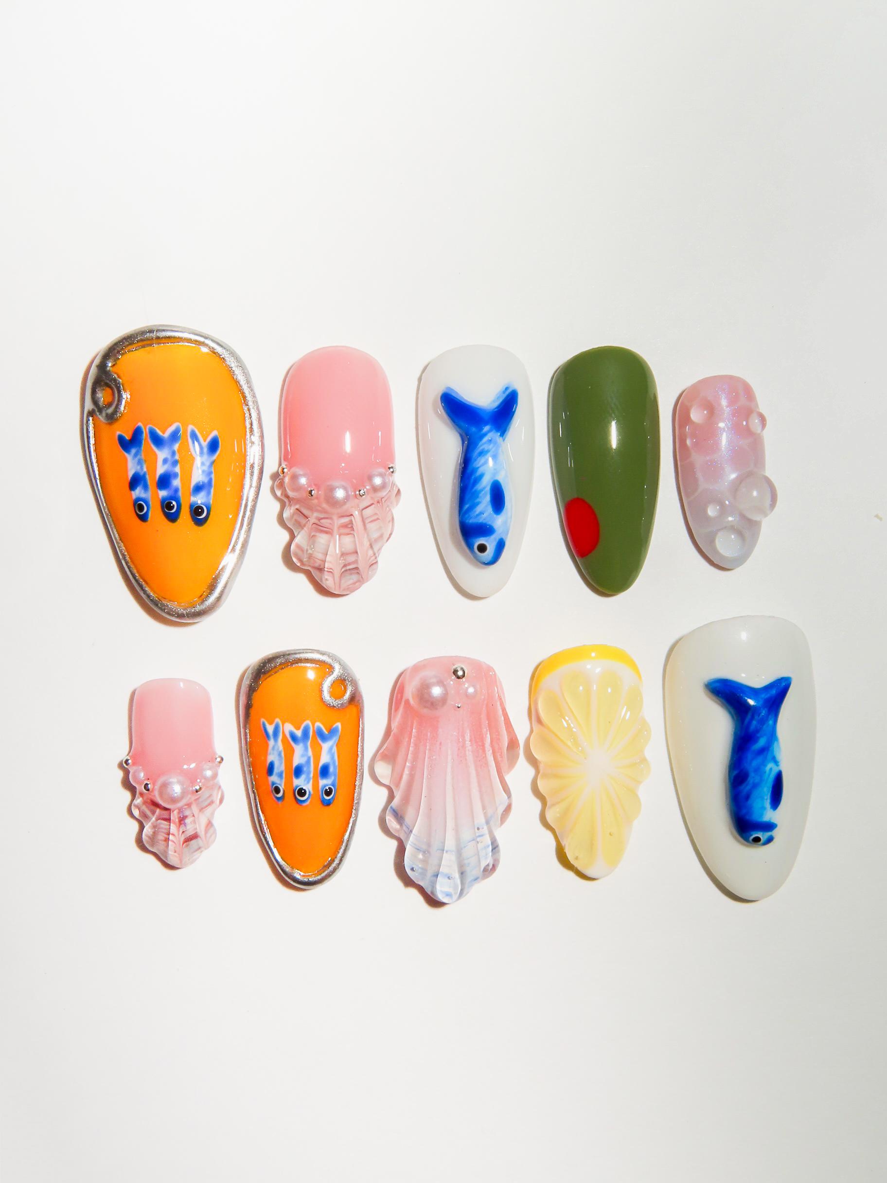 Fish Seashell Olive Fruit Press on Nails | Sardine Nails | Summer Custom Press on Nails - Etsy