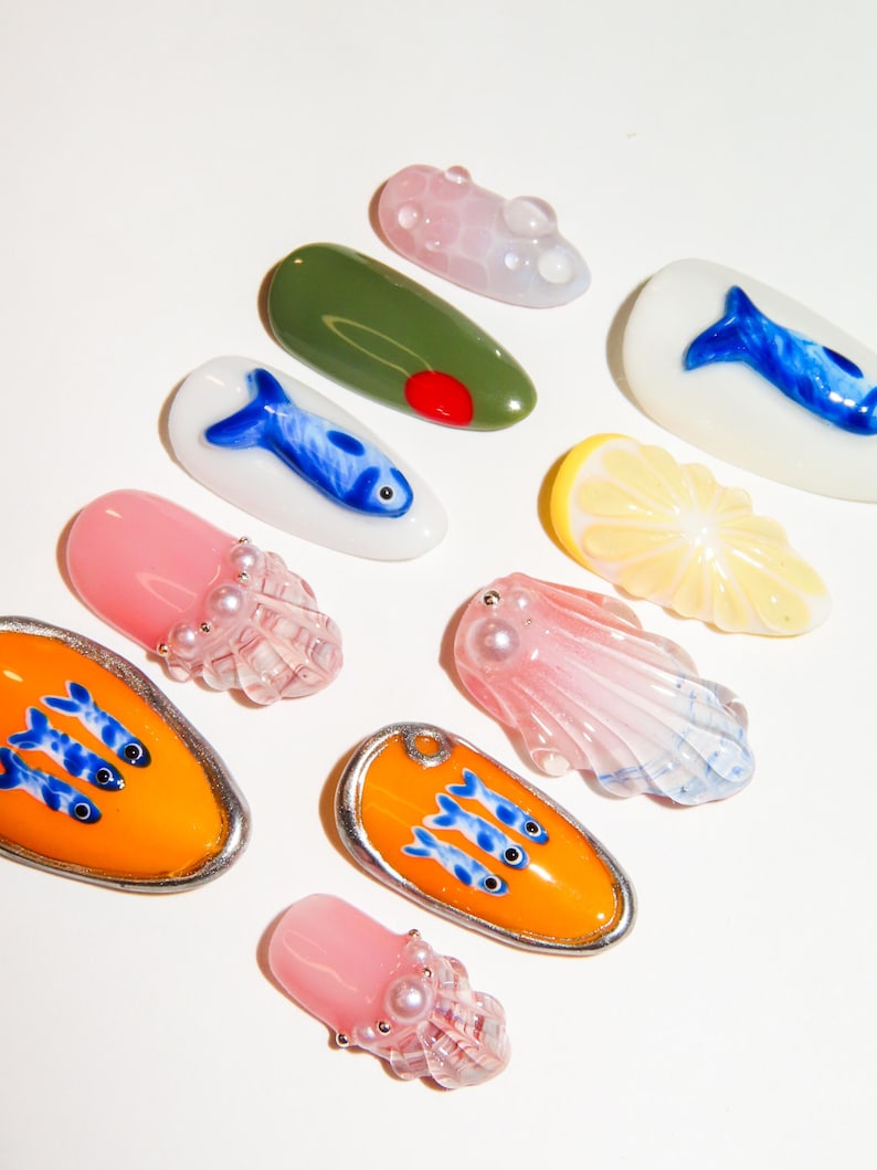 Fish Seashell Olive Fruit Press on Nails | Sardine Nails | Summer Custom Press on Nails - Etsy