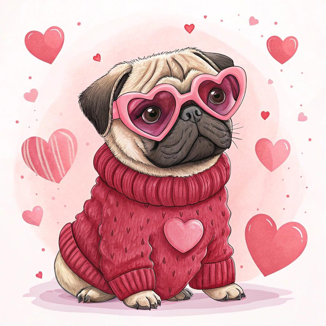 Sweet Valentine Pug PNG - "love Bug" Dog Design - Hand-drawn Watercolor ...