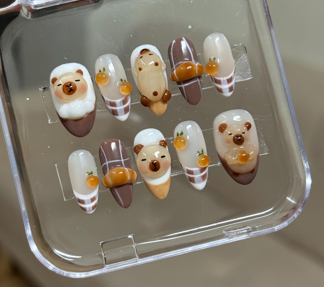 Kawaii Capybara Press on Nails, 3D Jelly Capybara, Cute Cartoon Nails ...