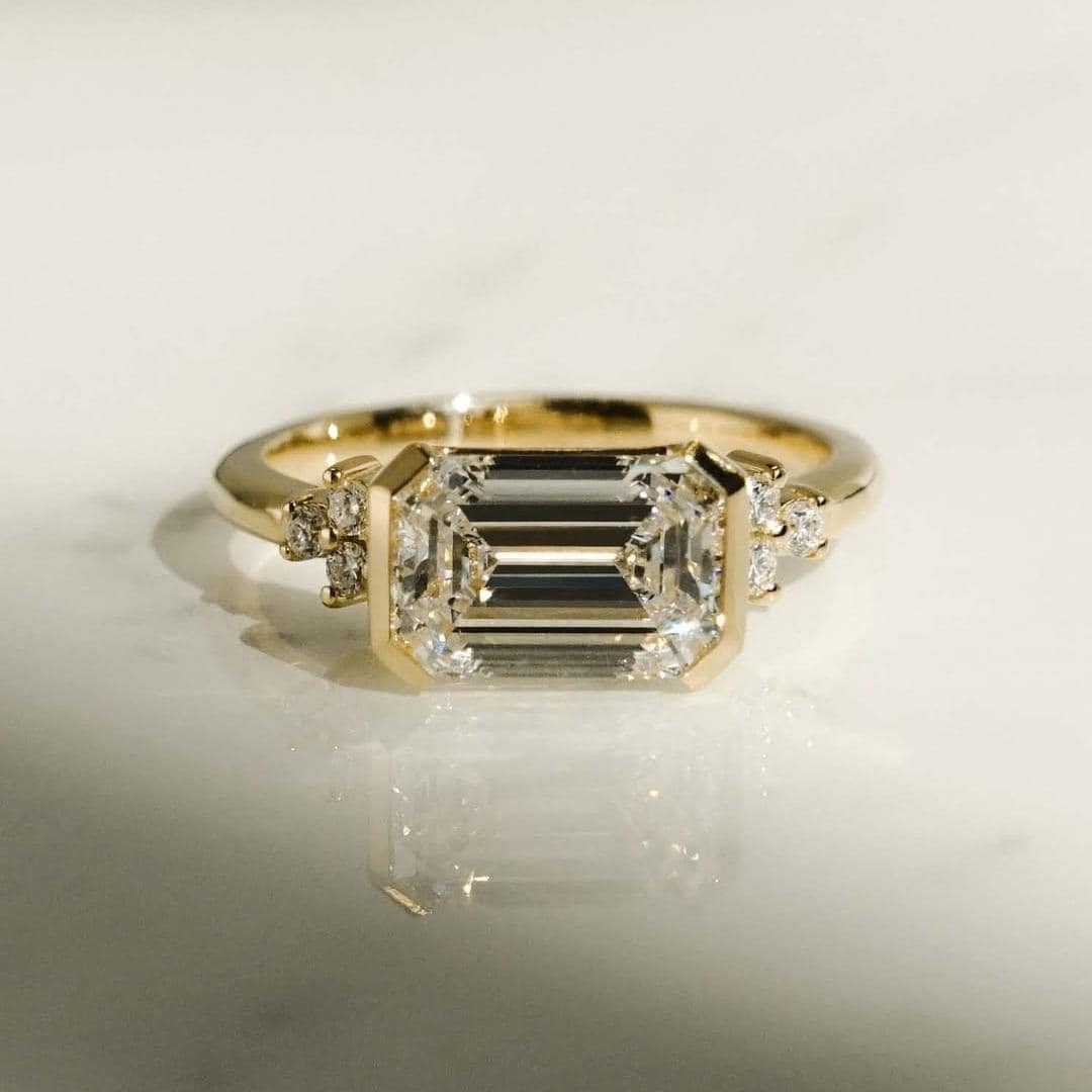 East West Emerald Cut Half Bezel Set, 2 CT Emerald Cut Moissanite ...