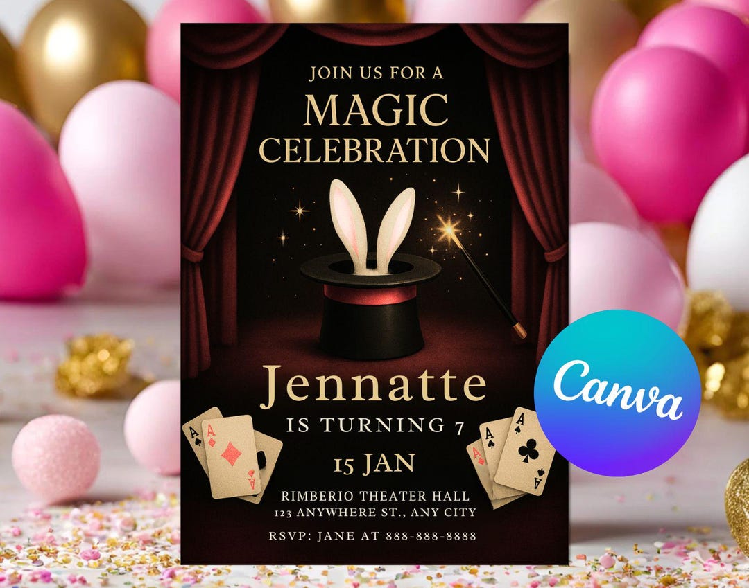 Editable Magic Birthday Invitation: Magician Theme Party (digital ...