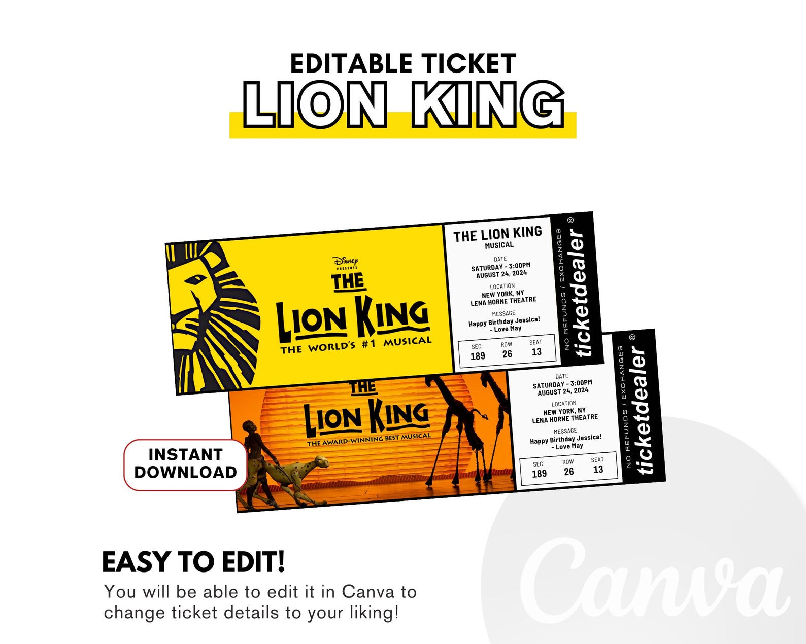 Editable Lion King Ticket | Lion King the Musical Custom Ticket, DIY ...