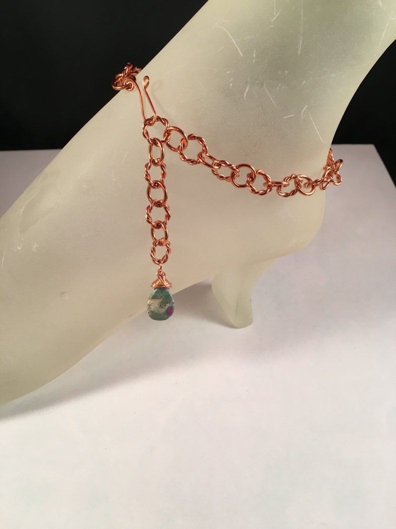 Natural Copper Ankle Bracelet With Wire Wrapped Ruby Fuchsite Bead ...