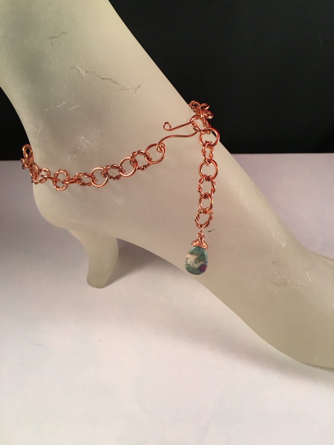 Natural Copper Ankle Bracelet With Wire Wrapped Ruby Fuchsite Bead ...