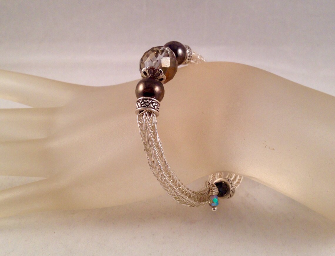 Silver Viking Knit Bangle Bracelet with Black Accent Beads | Etsy