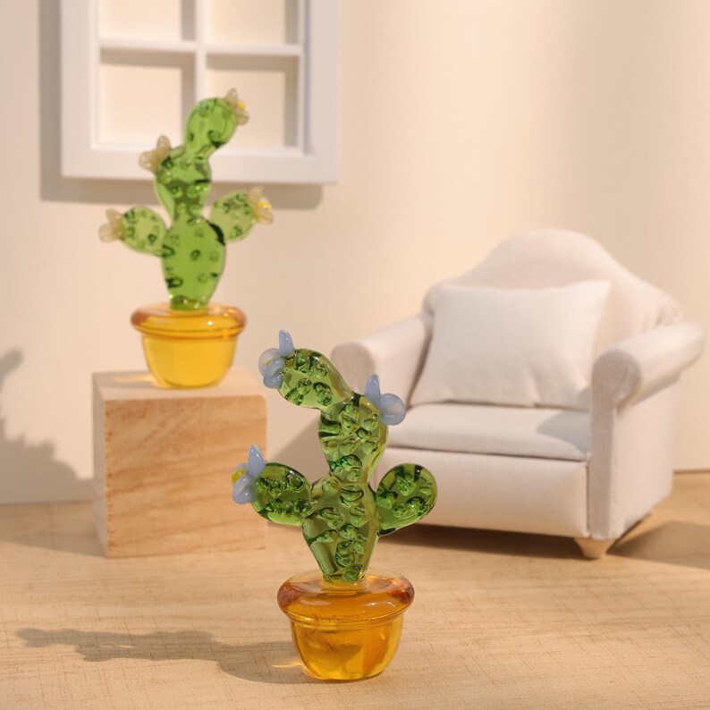 Glass Cactus Figurine, Hand Blown Plant, Handmade Glass Potted Plants ...