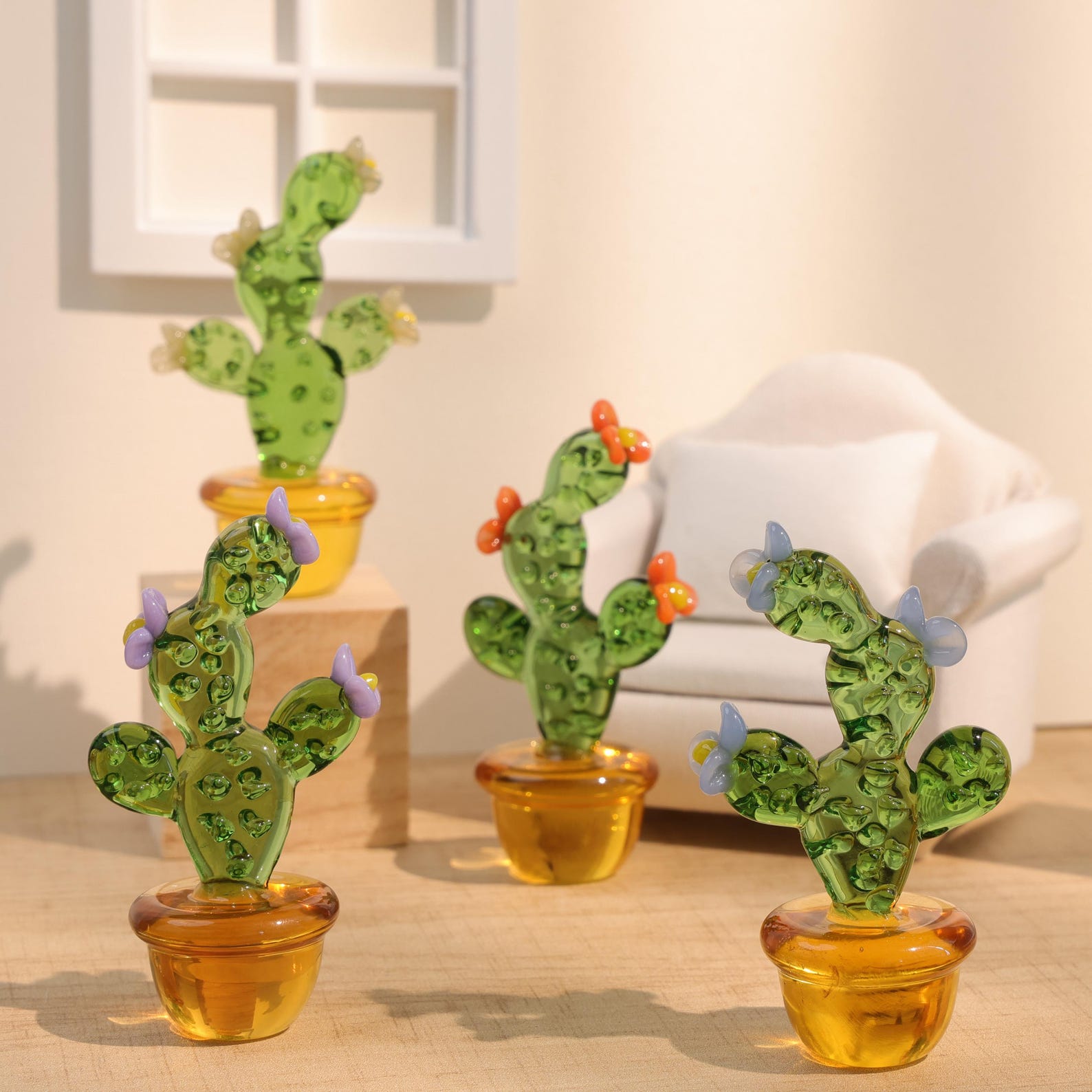 Glass Cactus Figurine, Hand Blown Plant, Handmade Glass Potted Plants ...