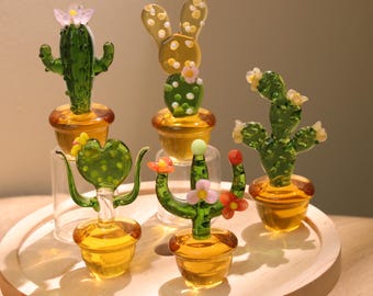 Glass Cactus Figurine, Hand Blown Plant, Handmade Glass Potted Plants ...