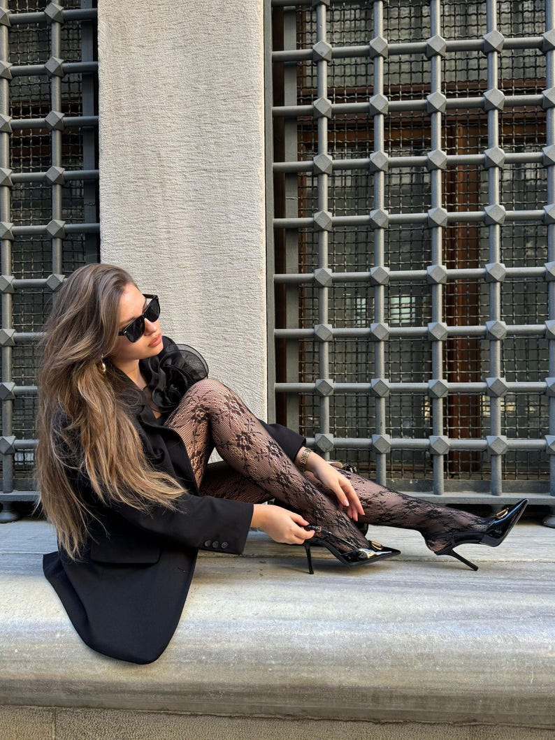 Black Fishnet Tights With Floral Patterns Comfort Tights Women ...