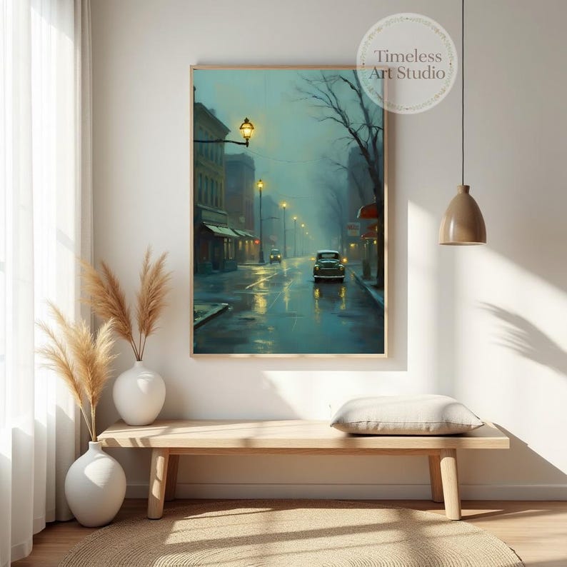 Edward Hopper Style Printable Art, 1940s City Street at Dawn | American ...