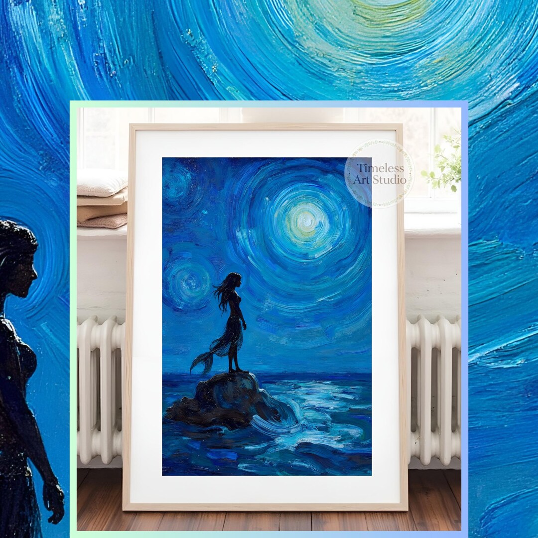 The Little Mermaid Silhouette Print | Van Gogh Style Ocean Wall Art ...