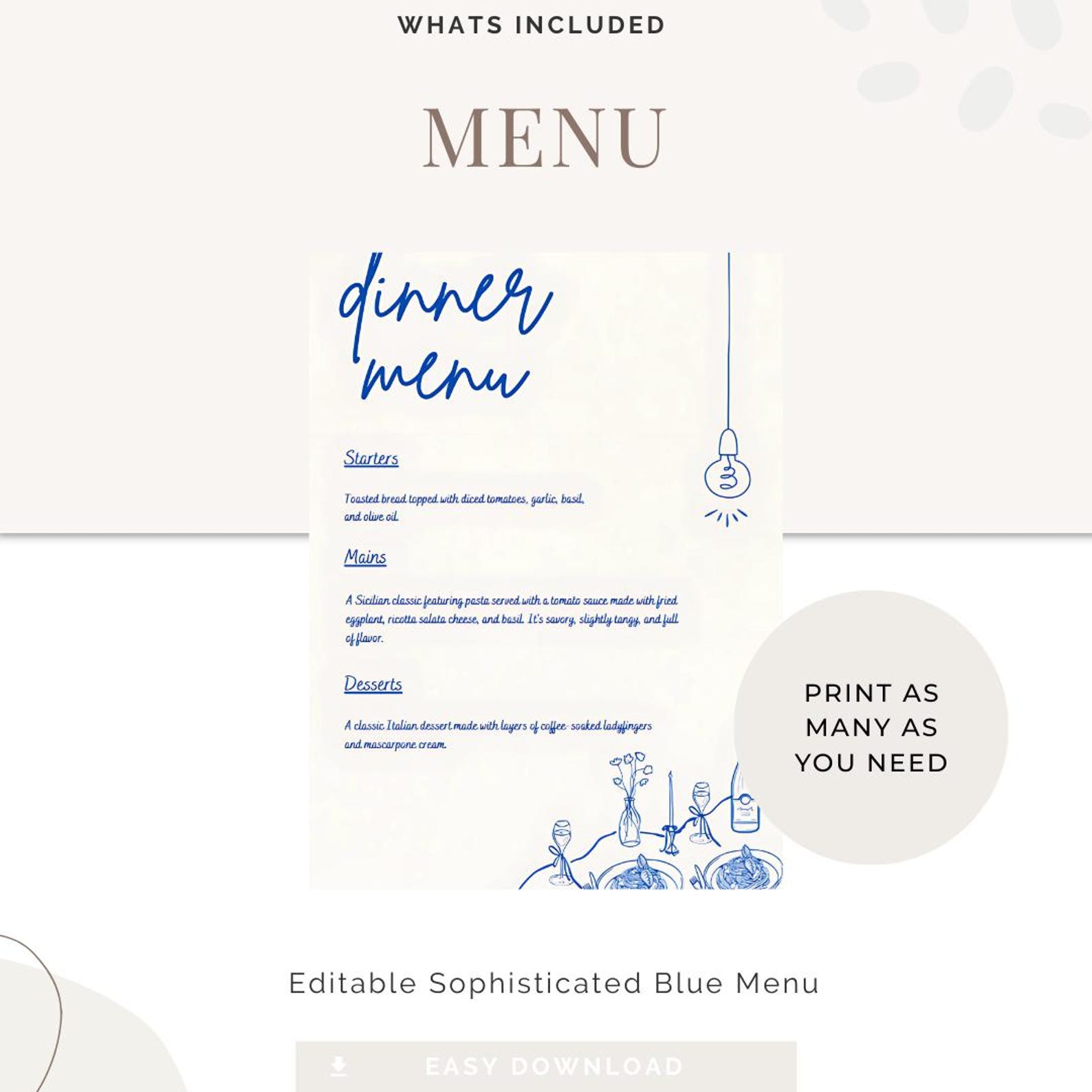 Editable Elegant Blue & White Dinner Party Menu - Etsy