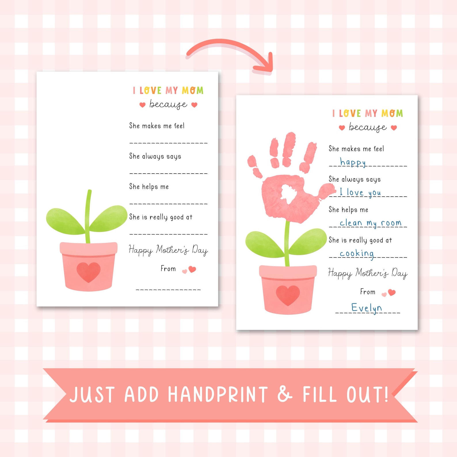 I Love My Mom Because Mother’s Day Handprint Craft - Digital Download ...