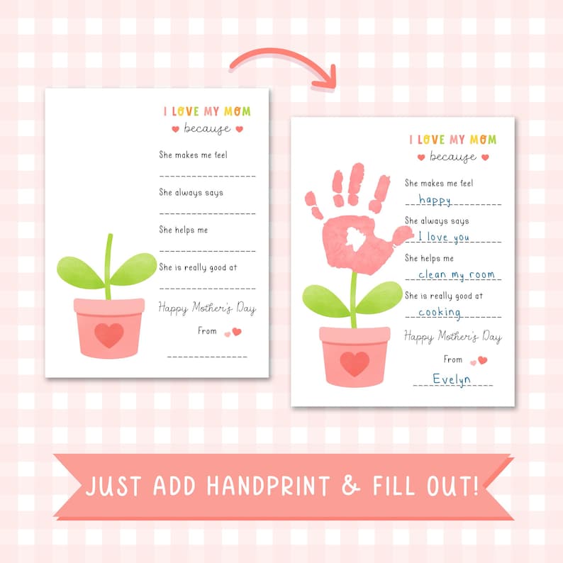 I Love My Mom Because Mother’s Day Handprint Craft - Digital Download ...