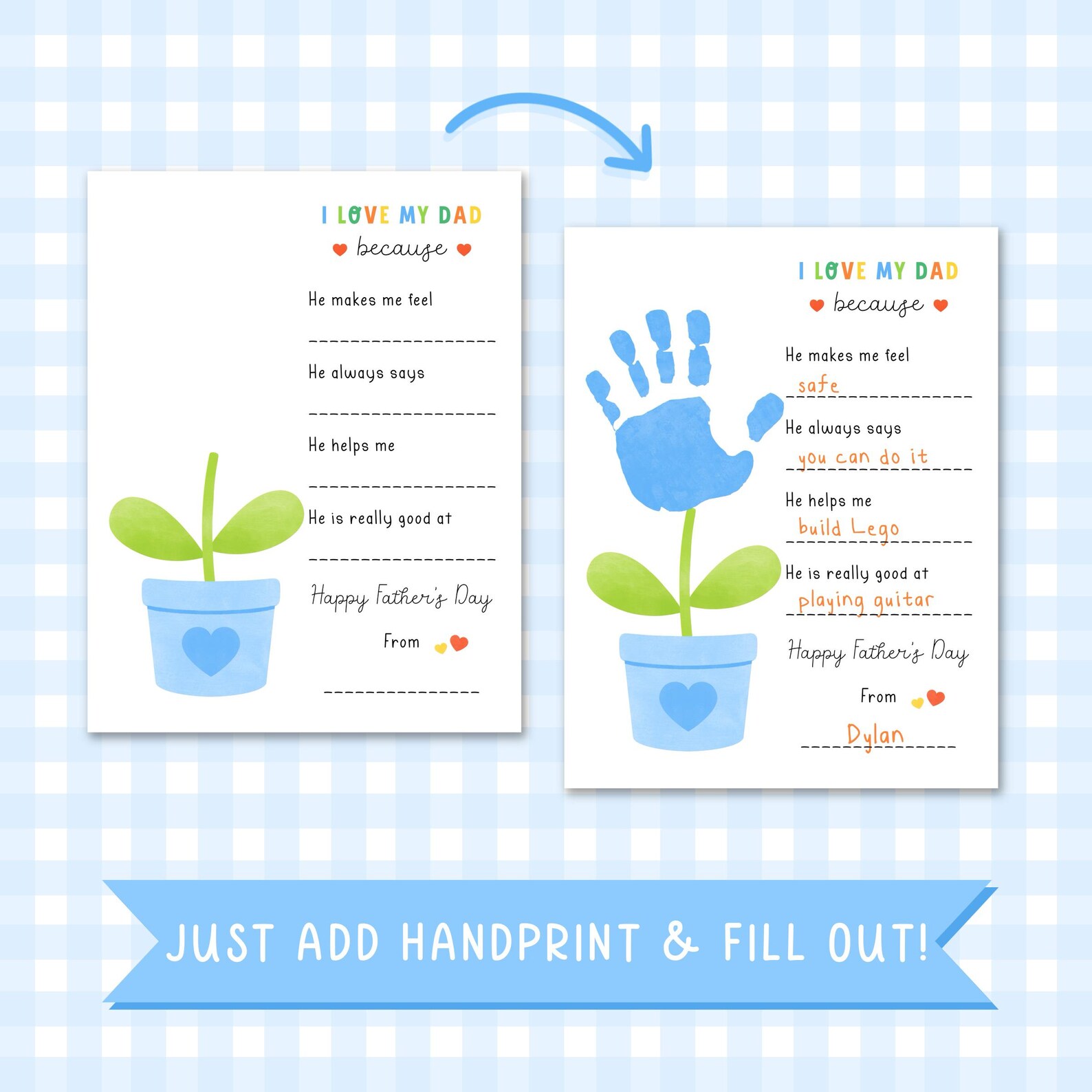 I Love My Dad Because Craft - Digital Download, Father’s Day Handprint ...