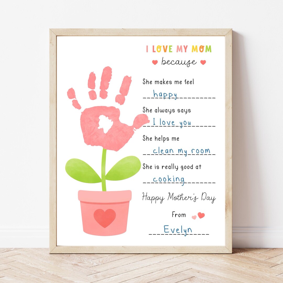 I Love My Mom Because Mother’s Day Handprint Craft - Digital Download ...