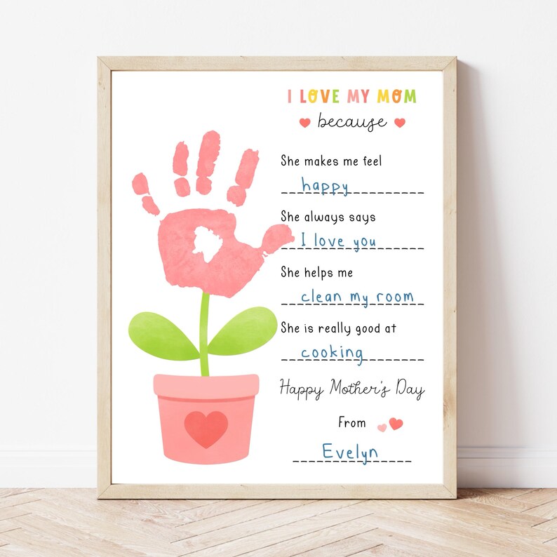 I Love My Mom Because Mother’s Day Handprint Craft - Digital Download ...
