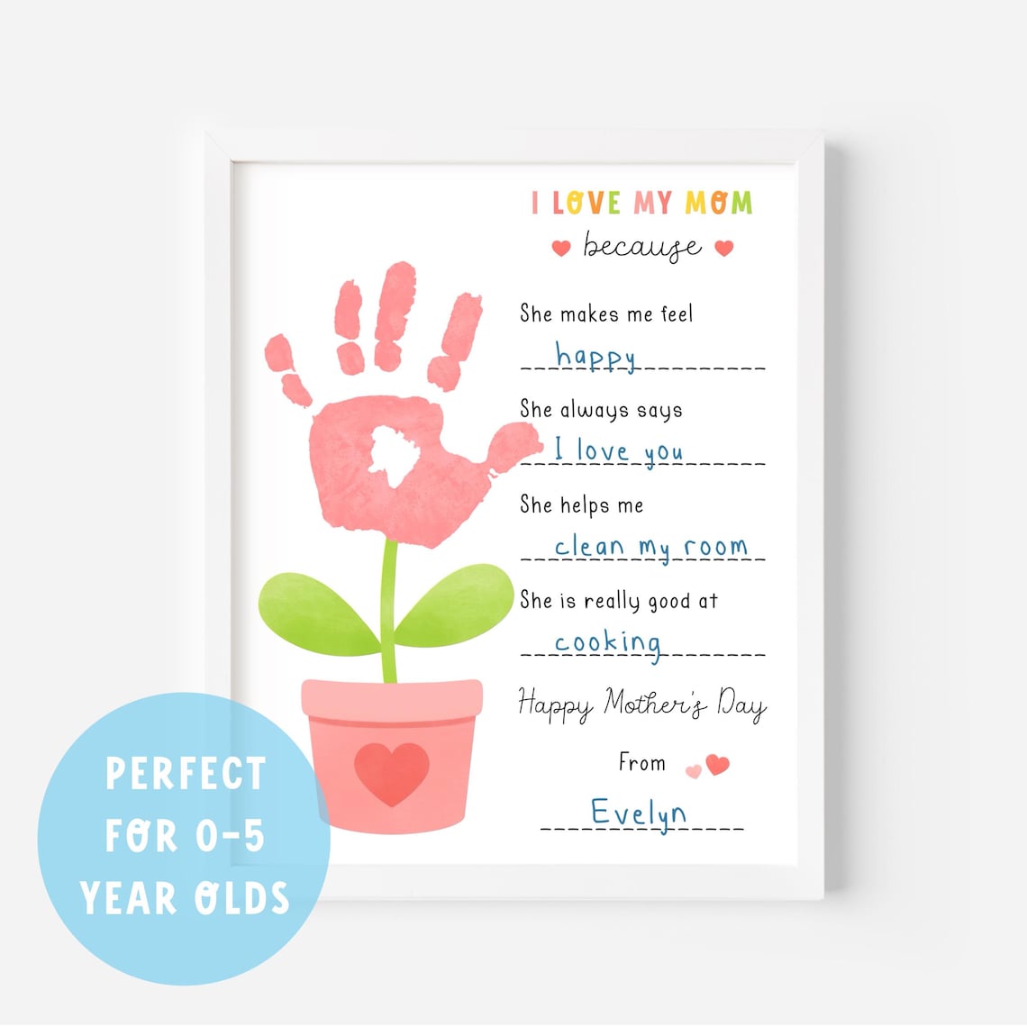 I Love My Mom Because Mother’s Day Handprint Craft - Digital Download ...