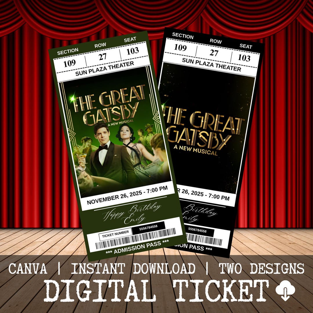 Printable the GREAT GATSBY Musical Theatre Ticket, Personalized Gift ...