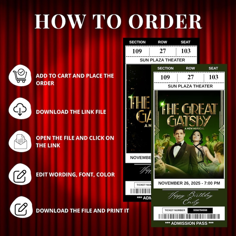 Printable the GREAT GATSBY Musical Theatre Ticket, Personalized Gift ...