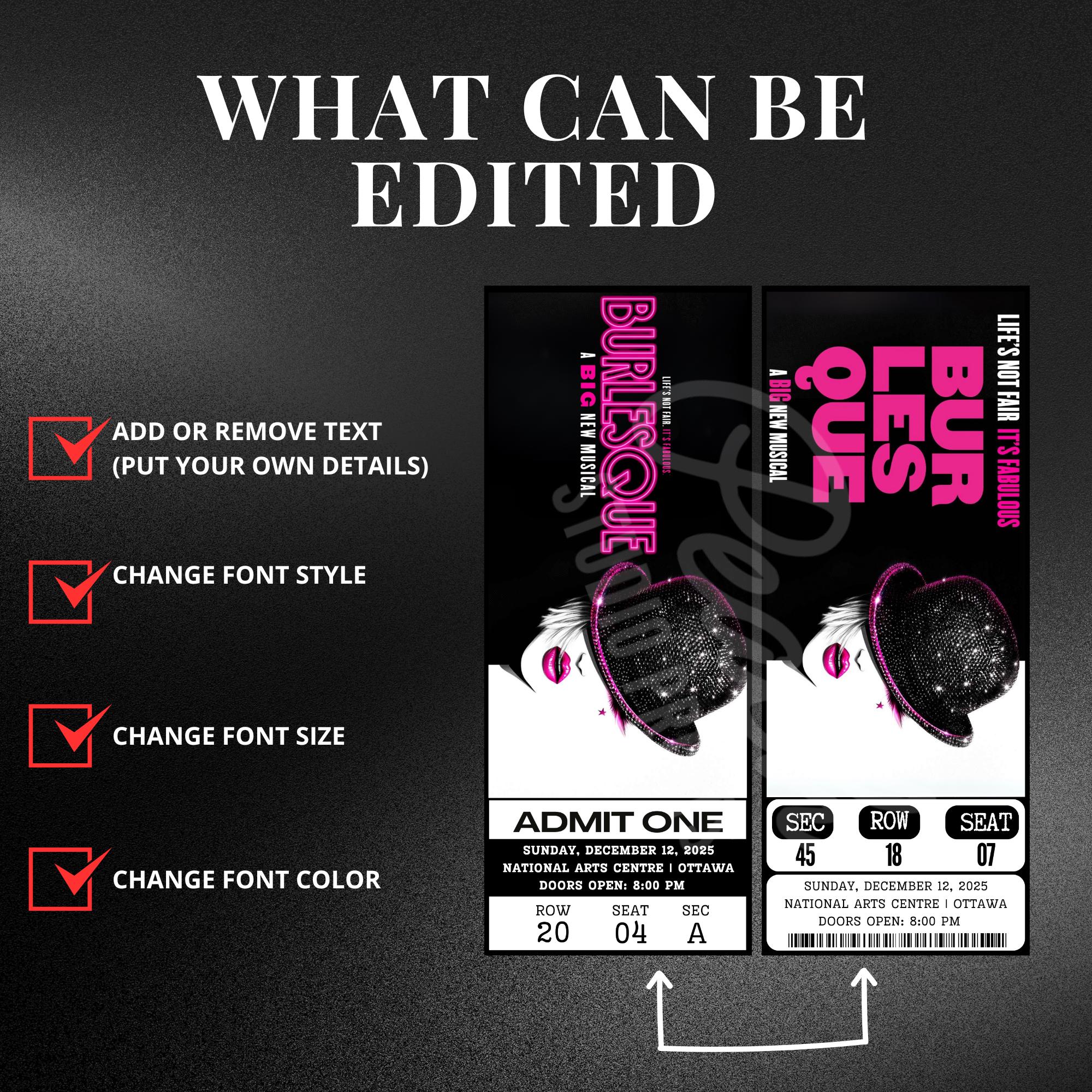 Printable Burlesque Musical Theatre Ticket | Personalized Gift Reveal ...