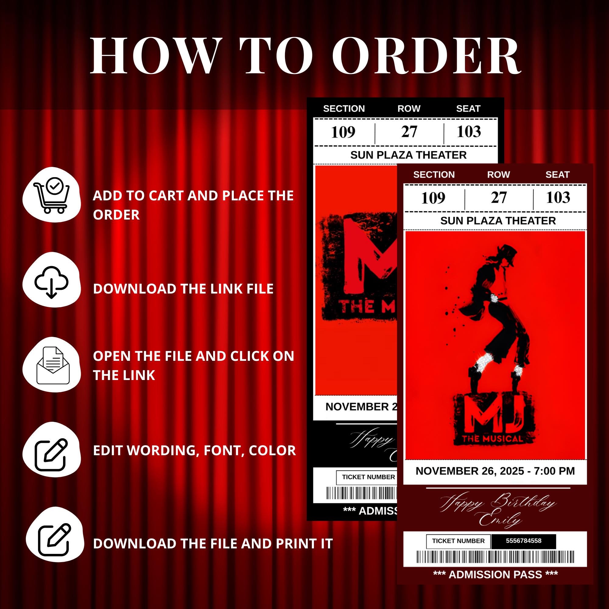 Printable MJ the Musical Theatre Ticket | Personalized Gift Reveal ...