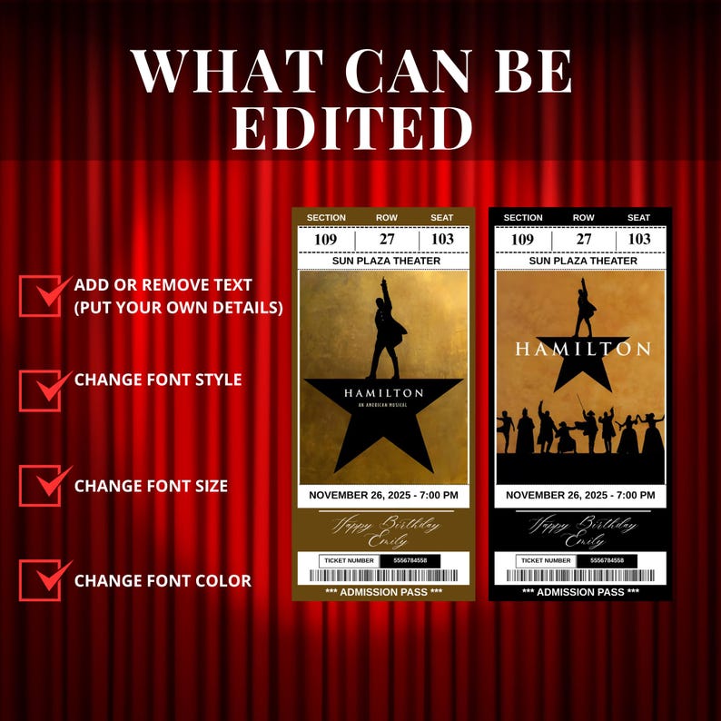 Printable Hamilton Broadway Surprise Ticket, Hamilton the Musical ...