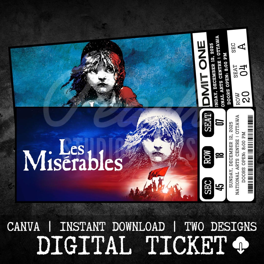 Printable Les Miserables Musical Theatre Ticket, Personalized Gift Reveal, Editable West End ...