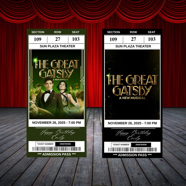 Printable the GREAT GATSBY Musical Theatre Ticket, Personalized Gift ...