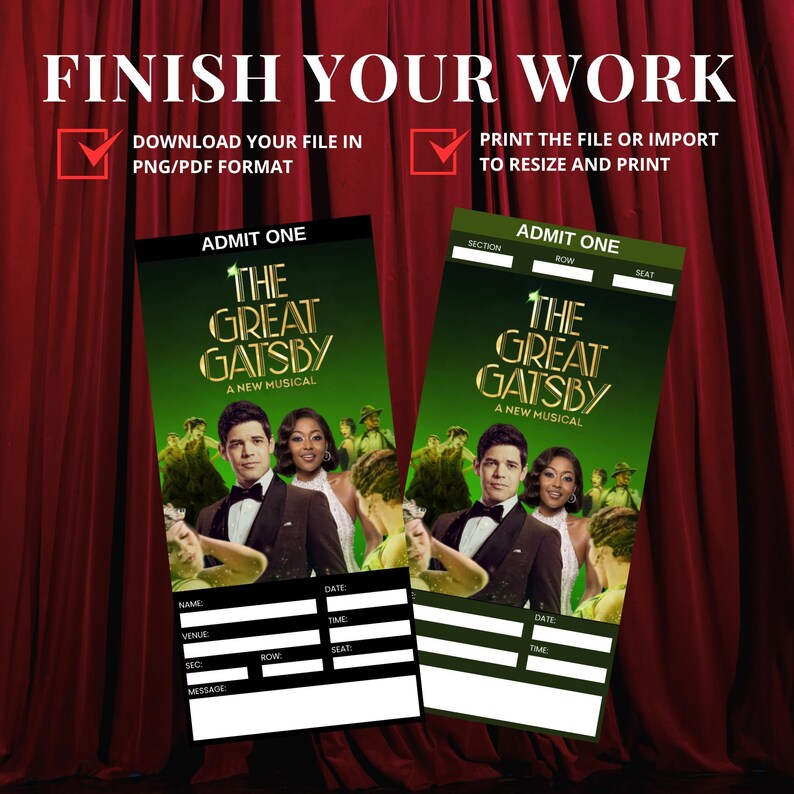 Printable the GREAT GATSBY Musical Theatre Ticket, Personalized Gift ...