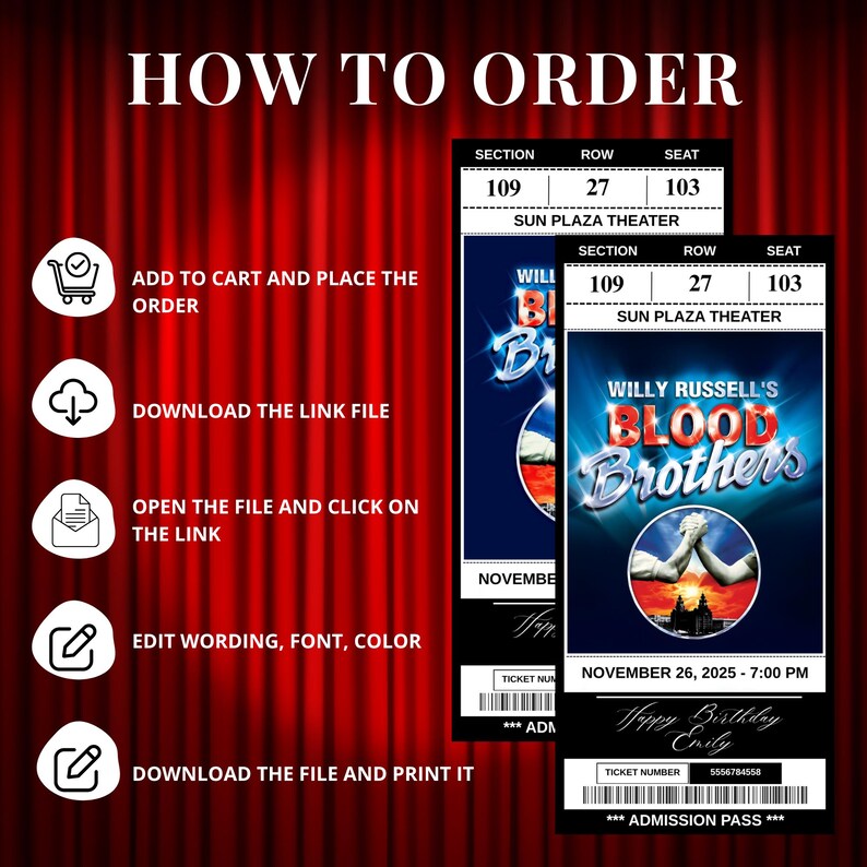 Printable Blood Brothers Musical Theatre Ticket | Personalized Gift ...