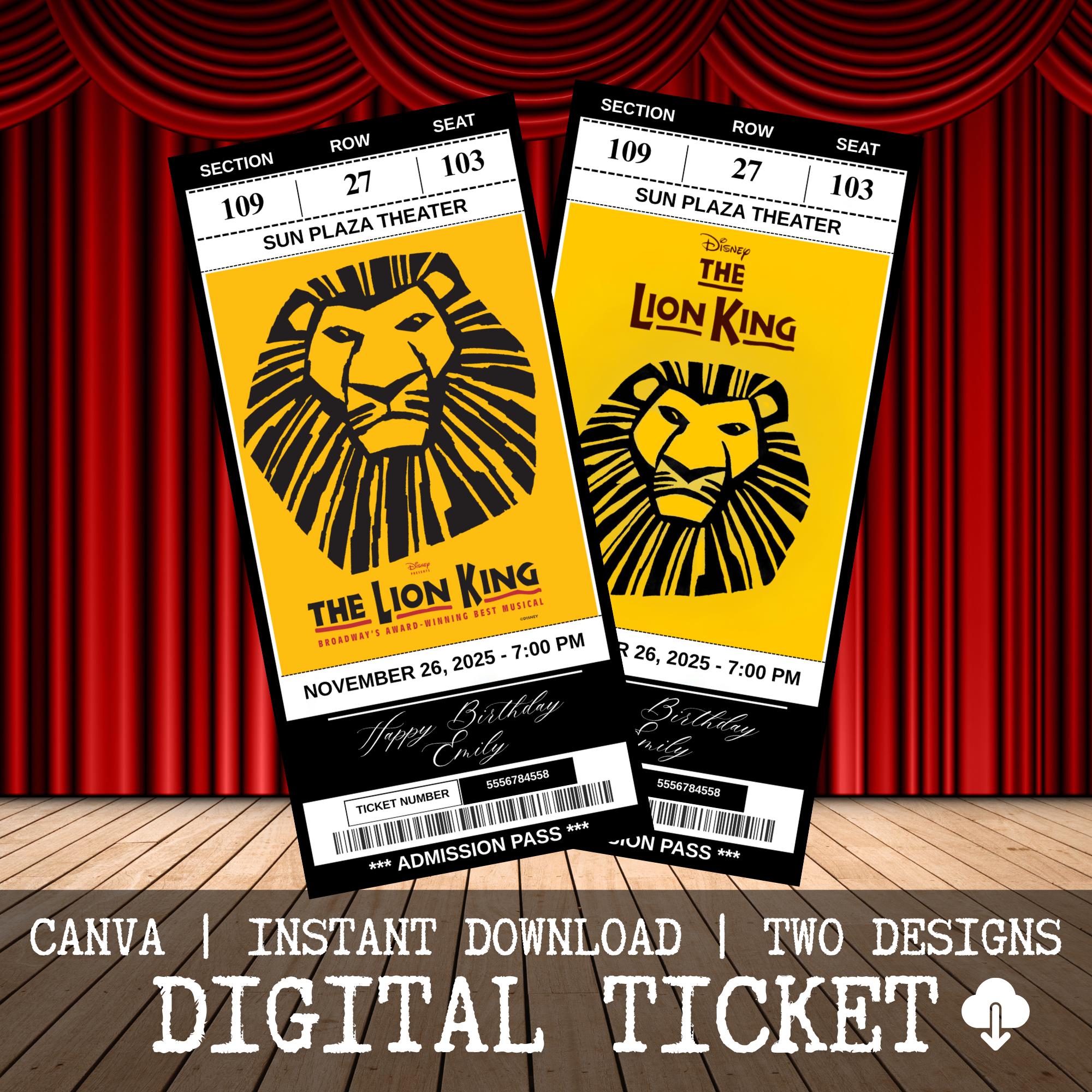 Printable Lion King Broadway Surprise Ticket Editable Musical Theater ...